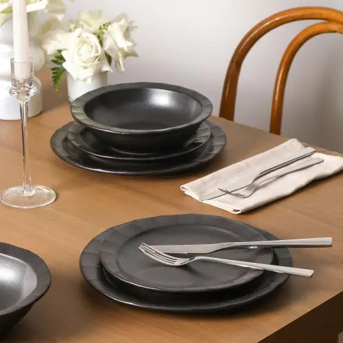 STONE + LAIN Oasis Stoneware 12-piece Dinnerware Set - Black