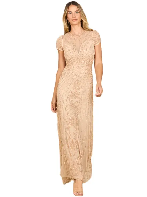 LARA NEW YORK Beaded Cap Sleeve Illusion Plunge Gown - Champagne