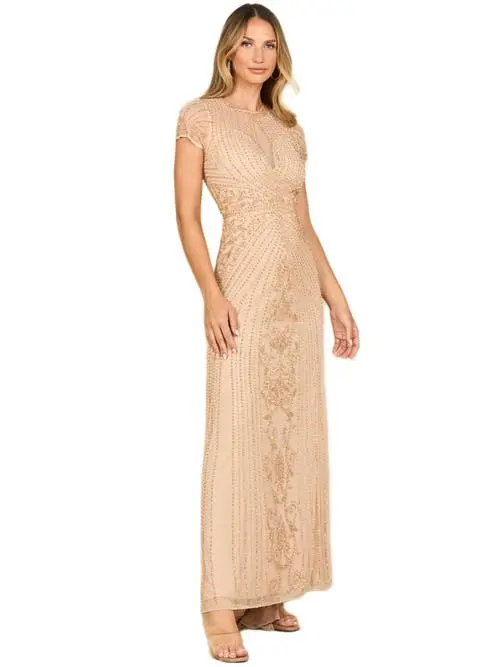 LARA NEW YORK Beaded Cap Sleeve Illusion Plunge Gown - Champagne