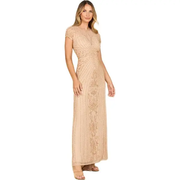 LARA NEW YORK Beaded Cap Sleeve Illusion Plunge Gown - Champagne