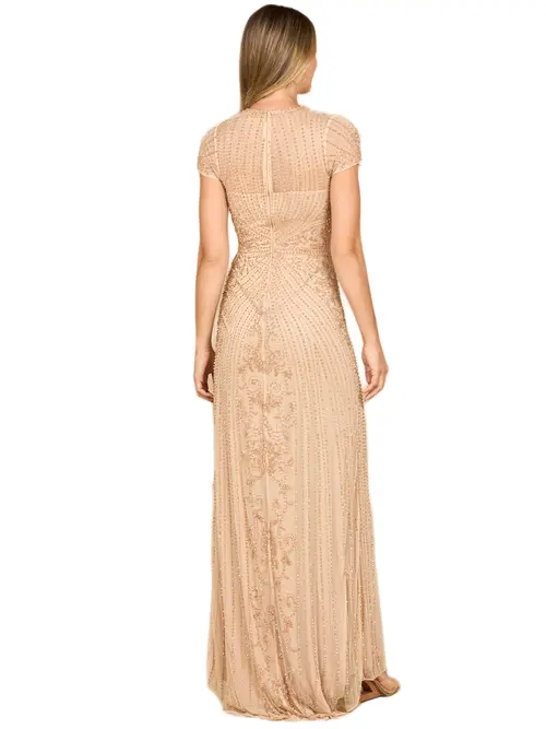 LARA NEW YORK Beaded Cap Sleeve Illusion Plunge Gown - Champagne