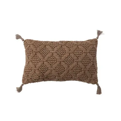 STORIED HOME Cotton Slub Lumbar Pillow With Diamond Weave And Tassels - Tan