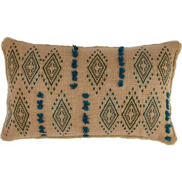 STORIED HOME Cotton Lumbar Pillow With Tufted Embroidered Design And Fringe - Tan