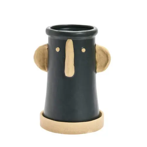 STORIED HOME Stoneware Face Planter With Saucer - Black