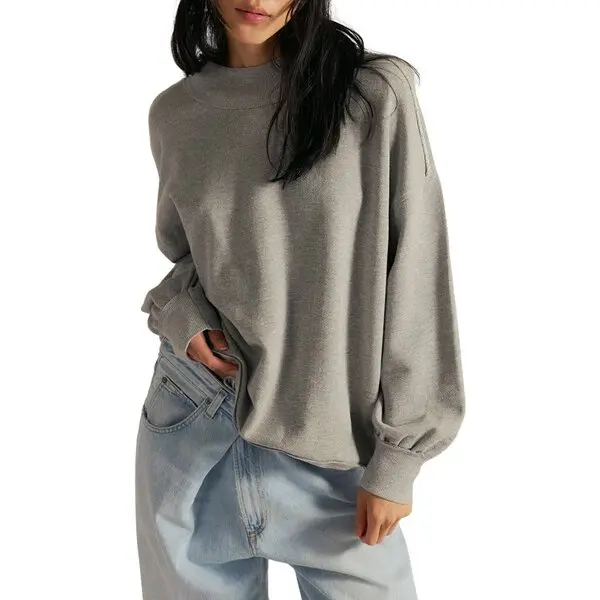 Free People Palm Springs Mock Neck Cotton Fleece Sweatshirt - Heather Grey