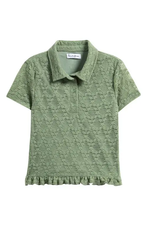 LOVE, FIRE Lace Polo Top With Ruffle Hem - Hedge Green