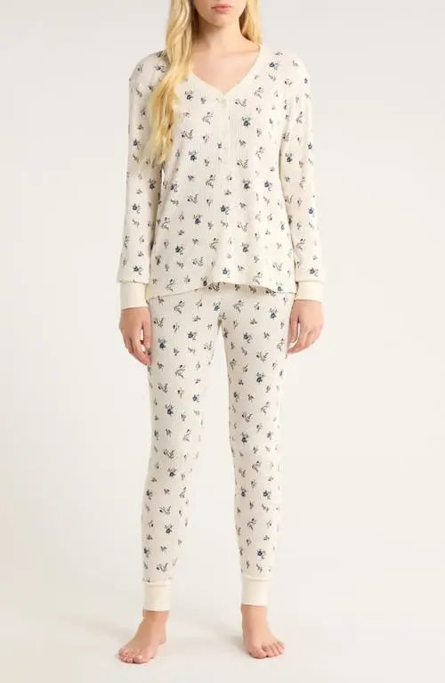 Nordstrom Cotton Blend Waffle Thermal Pajamas - Ivory- Blue Rose Ditsy
