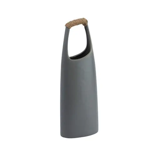 STORIED HOME Small Stoneware Vase With Rattan Wrapped Top Handle - Grey