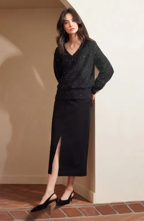 Karen Kane Sequin V-neck Sweater - Black