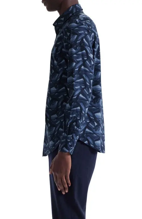 Bugatchi Julian Shaped Fit Abstract Wave Print Stretch Cotton Button-up Shirt - Navy