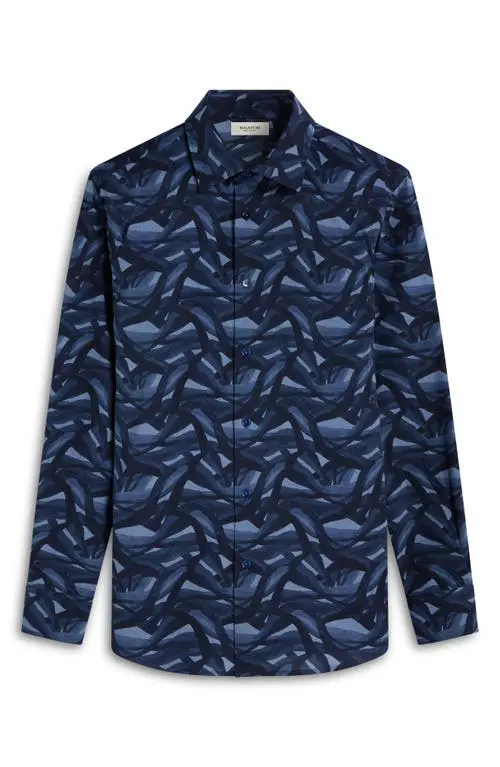 Bugatchi Julian Shaped Fit Abstract Wave Print Stretch Cotton Button-up Shirt - Navy