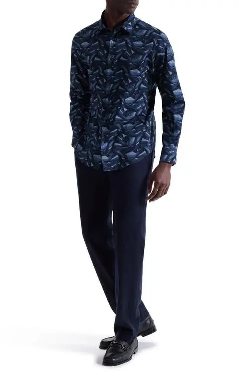 Bugatchi Julian Shaped Fit Abstract Wave Print Stretch Cotton Button-up Shirt - Navy