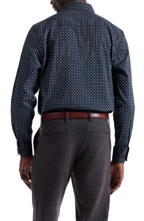 Bugatchi Julian Shaped Fit Geo Print Stretch Cotton Button-up Shirt - Teal