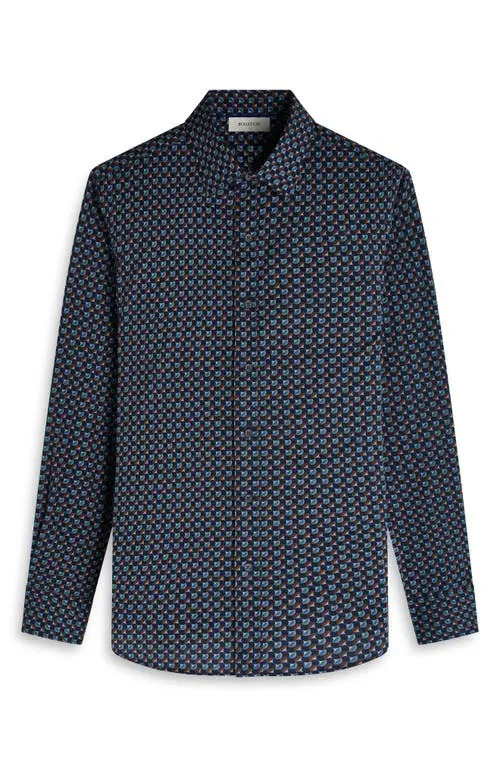 Bugatchi Julian Shaped Fit Geo Print Stretch Cotton Button-up Shirt - Teal