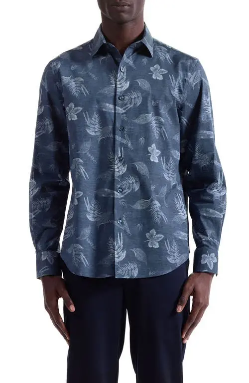 Bugatchi Julian Shaped Fit Leaf Print Stretch Cotton Button-up Shirt - Navy