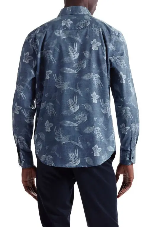 Bugatchi Julian Shaped Fit Leaf Print Stretch Cotton Button-up Shirt - Navy