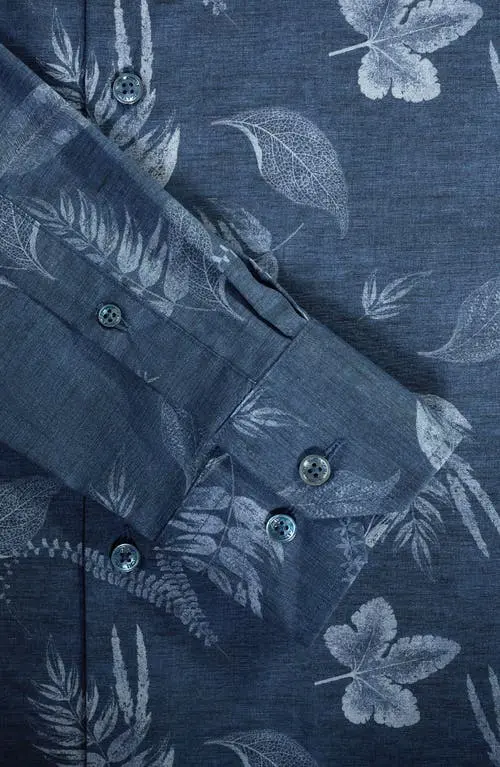 Bugatchi Julian Shaped Fit Leaf Print Stretch Cotton Button-up Shirt - Navy