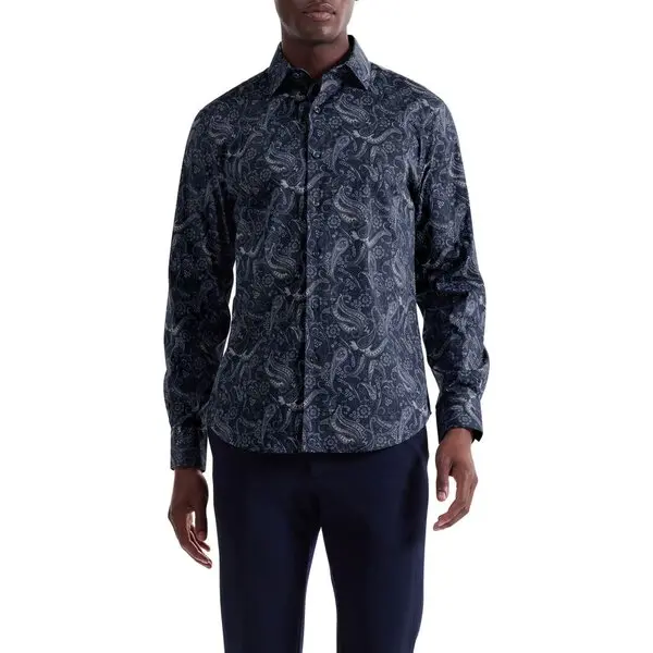 Bugatchi Axel Trim Fit Paisley Stretch Cotton Button-up Shirt - Navy