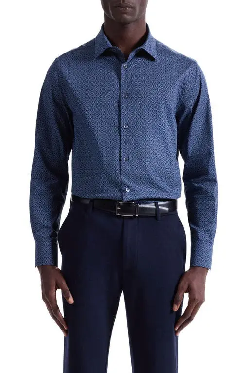 Bugatchi Julian Shaped Fit Medallion Print Stretch Cotton Button-up Shirt - Navy