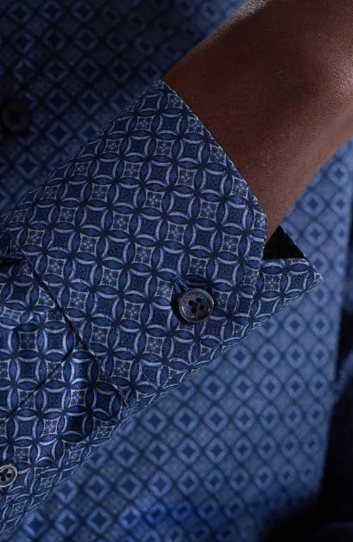 Bugatchi Julian Shaped Fit Medallion Print Stretch Cotton Button-up Shirt - Navy