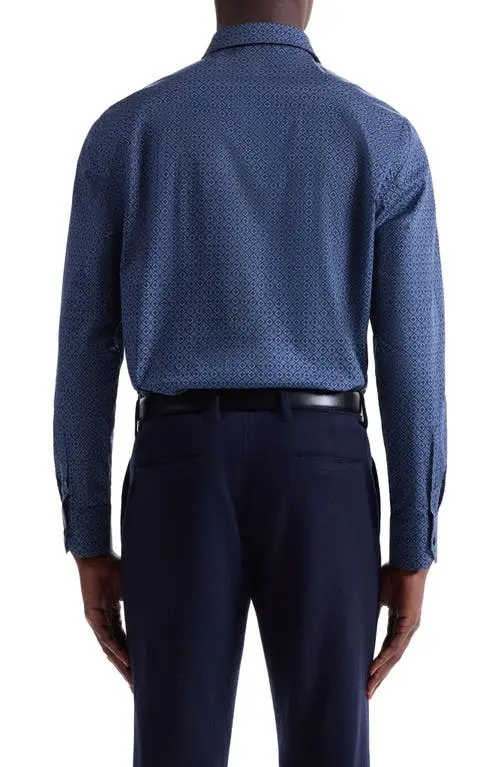 Bugatchi Julian Shaped Fit Medallion Print Stretch Cotton Button-up Shirt - Navy