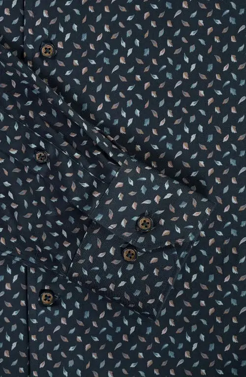 Bugatchi Alvin Trim Fit Leaf Print Stretch Cotton Button-up Shirt - Navy