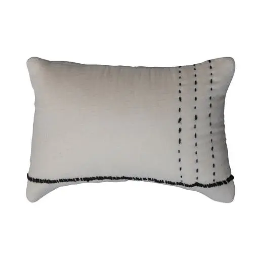 STORIED HOME Cotton Lumbar Pillow With Embroidery - Ivory