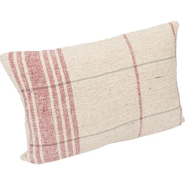 STORIED HOME 24 Inches Woven Cotton Slub Lumbar Pillow With Grid Pattern - Natural