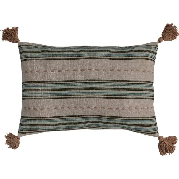 STORIED HOME 20 Inches Cotton Slub Printed Lumbar Pillow With Hand-embroidered Stripes And Tassels - Cream