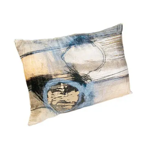 STORIED HOME Cotton Velvet Printed Lumbar Pillow With Gold Foil - Blue