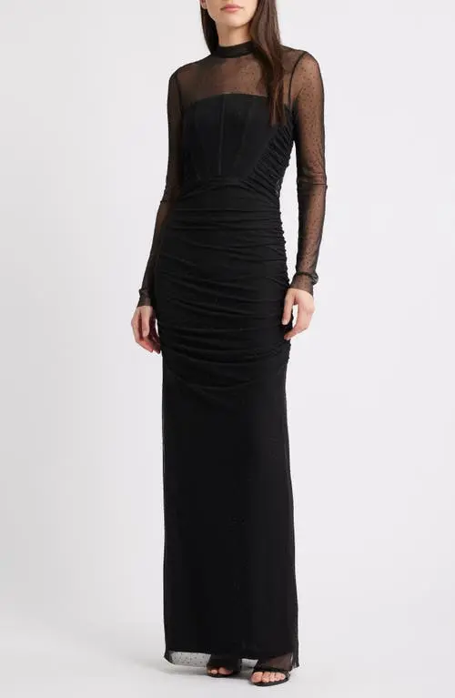 Black Halo Lexington Rhinestone Detail Long Sleeve Mesh Column Gown