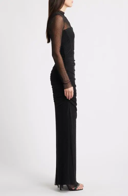 Black Halo Lexington Rhinestone Detail Long Sleeve Mesh Column Gown