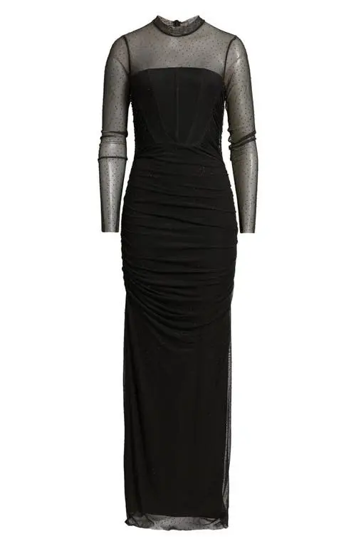 Black Halo Lexington Rhinestone Detail Long Sleeve Mesh Column Gown