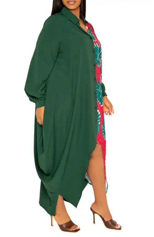 BUXOM COUTURE Solid & Print Long Sleeve Asymmetric Maxi Shirtdress - Green Multi