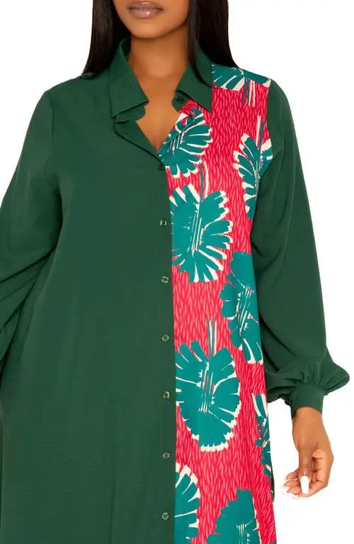 BUXOM COUTURE Solid & Print Long Sleeve Asymmetric Maxi Shirtdress - Green Multi
