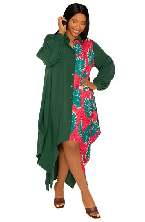 BUXOM COUTURE Solid & Print Long Sleeve Asymmetric Maxi Shirtdress - Green Multi