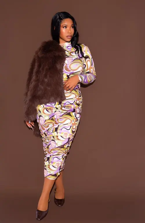 BUXOM COUTURE Print Ruched Long Sleeve Midi Body-con Dress