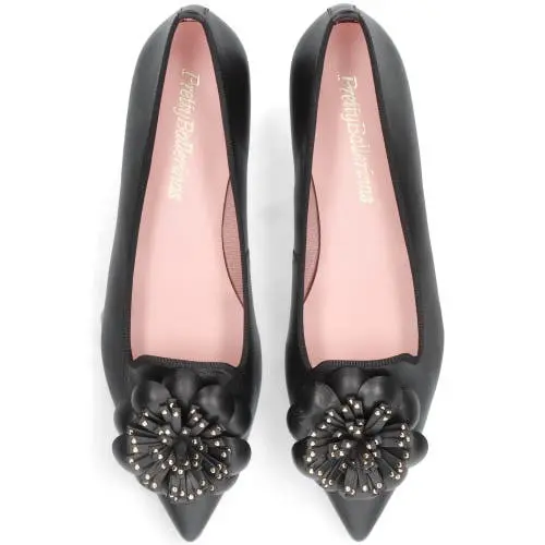 Pretty Ballerinas Pointed Leather Ballerina Flats With Floral Detail