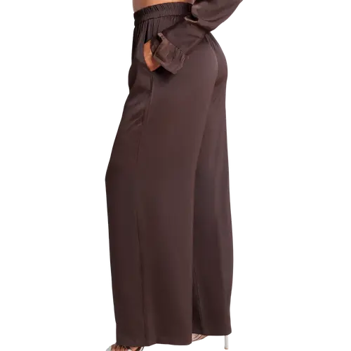 RICHANTEE High-waisted Wide-leg Silk-satin Pants - Brown