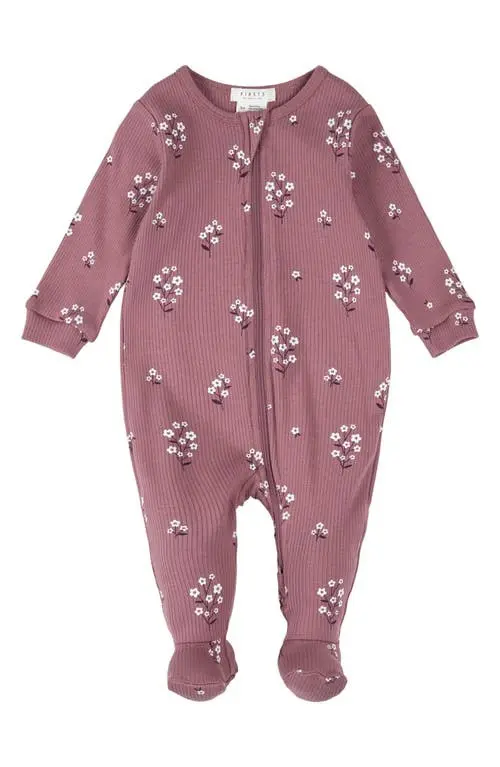 PETIT LEM Floral Rib Fitted One-piece Footed Pajamas - Plum