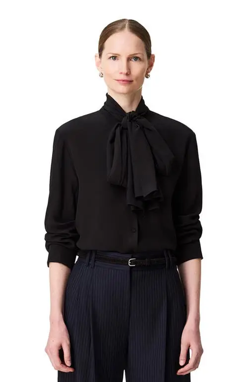 Another Tomorrow Signature Bow Blouse With Detachable Scarf - Black
