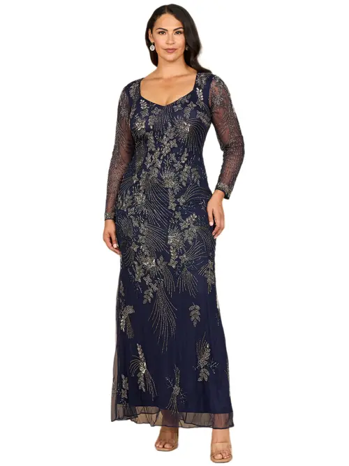 LARA NEW YORK Long Sleeve Queen Anne Beaded Gown - Navy