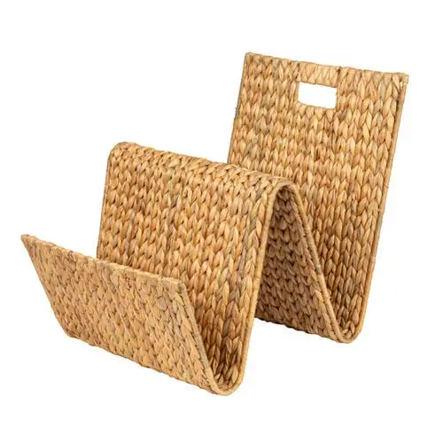 STORIED HOME Hand-woven Water Hyacinth And Metal Magazine Storage Holder With Sturdy Handles - Natural