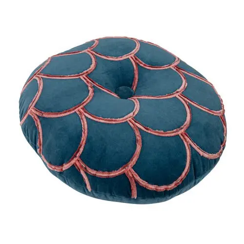 STORIED HOME 18 Inches Round Cotton Pillow With Tufted Scallop Pattern - Blue