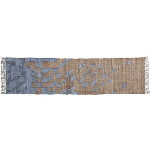 STORIED HOME Coastal Jute And Cotton Kilim Embroidered Floor Runner Rug - Blue