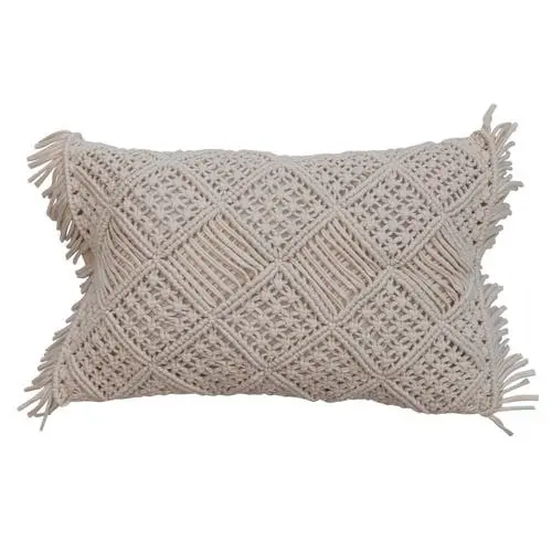 STORIED HOME Boho Handwoven Cotton Macramé Lumbar Pillow With Fringe - Ivory