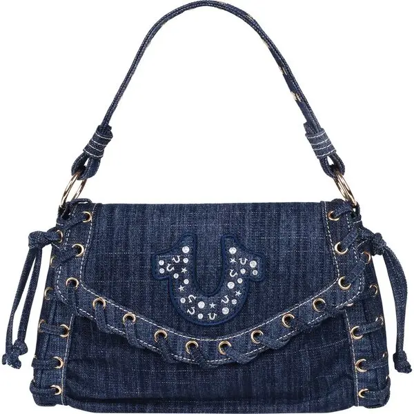 True Religion Studded Horseshoe Eyelet Denim Flap Bag - Dark Denim