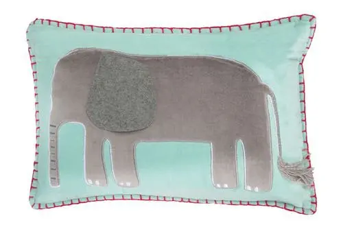 STORIED HOME Cotton Velvet Embroidered & Appliqued Elephant Pillow - Blue