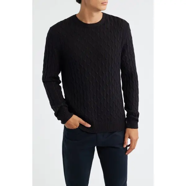 JACK VICTOR Crewneck Merino Wool Cable Sweater - Navy