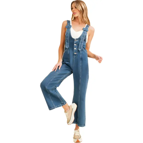 KNIT & LOUNGE Classic Overall Jumpsuit With Button-front And Wide-leg Design - Denim Blue